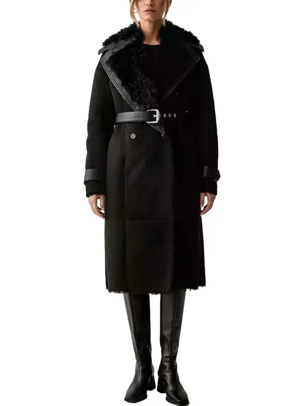 Patrizia Pepe Belted Shearling-collar Coat - Black