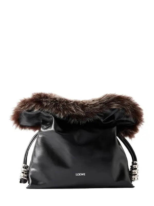 Loewe Flamenco Medium Shearling-trimmed Leather Clutch - Black