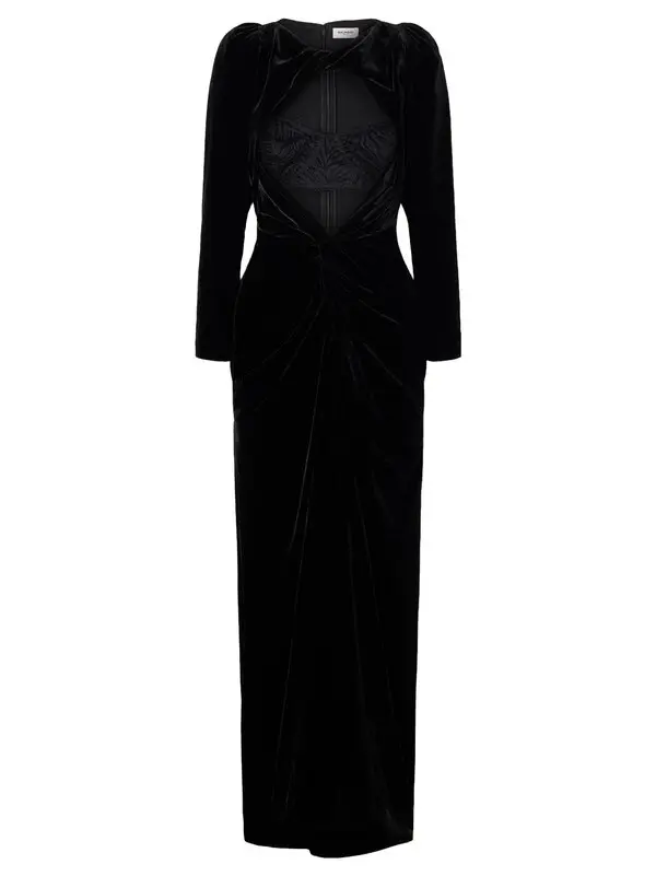 Balmain Open-front Lingerie-detail Gathered Velvet Maxi Gown - Black