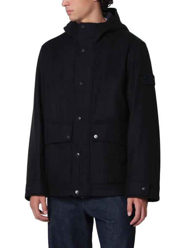 Stone Island Navy Hooded Jacket In Wool Blend - Blue