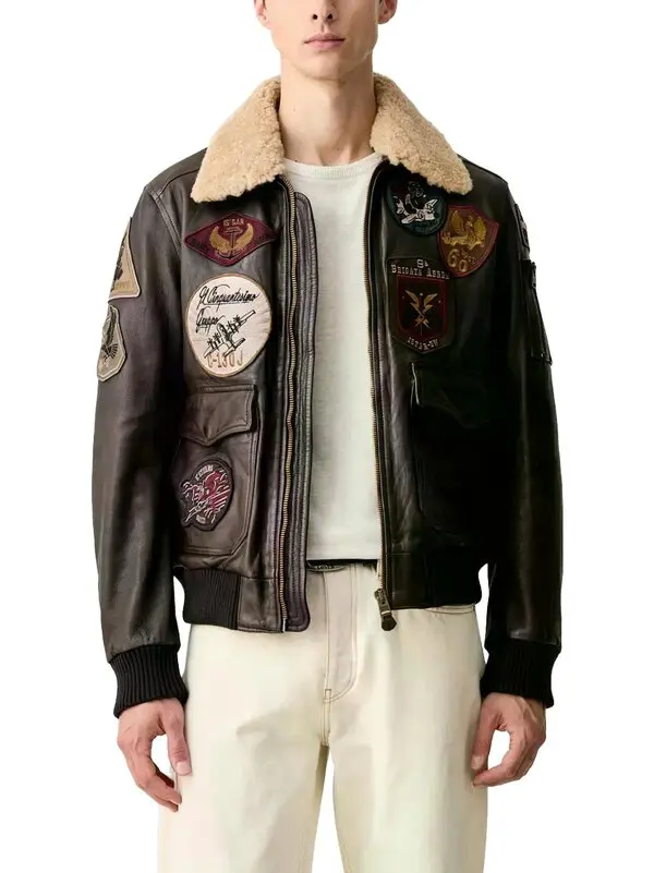 AERONAUTICA MILITARE Patch-detail Shearling-collar Leather Jacket - Brown