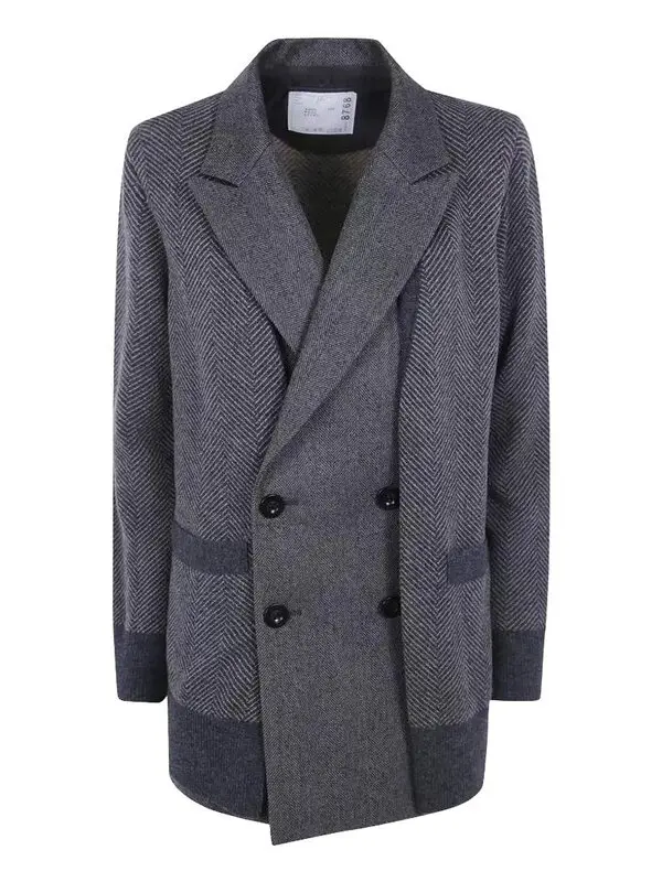 Sacai Herringbone-knit Double-breasted Cardigan - Grey