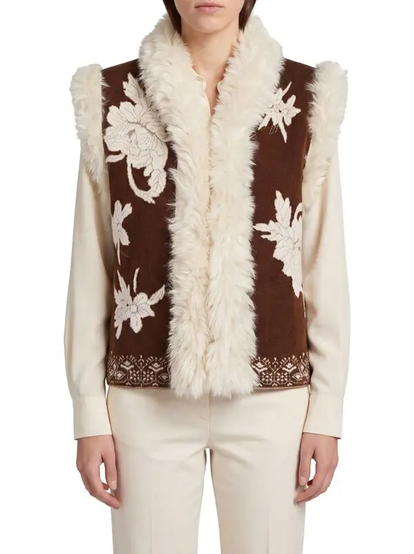 FORTE_FORTE Floral Embroidered Faux Fur Vest With Shawl Collar - Beige