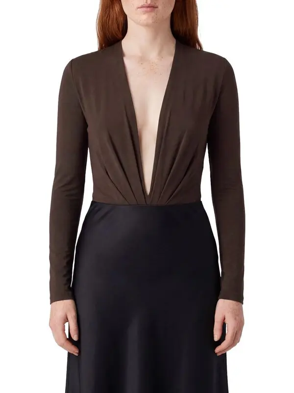 Andamane Deep V-neck Stretch-viscose Bodysuit With Long Sleeves - Brown