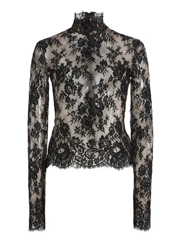 Françoise Paulina High Collar Lace Top - Black