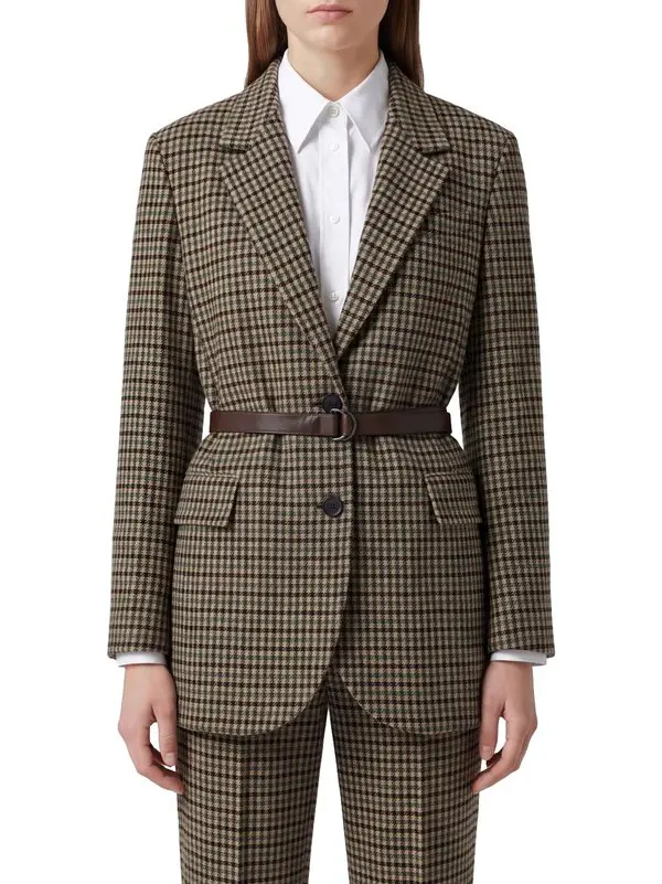 Brunello Cucinelli Single-breasted Houndstooth Wool-blend Blazer With Belt - Beige