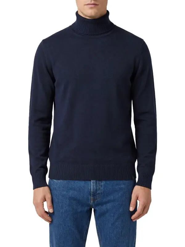 FAY Pure Virgin Wool Turtleneck Sweater With Ribbed Collar - Navy