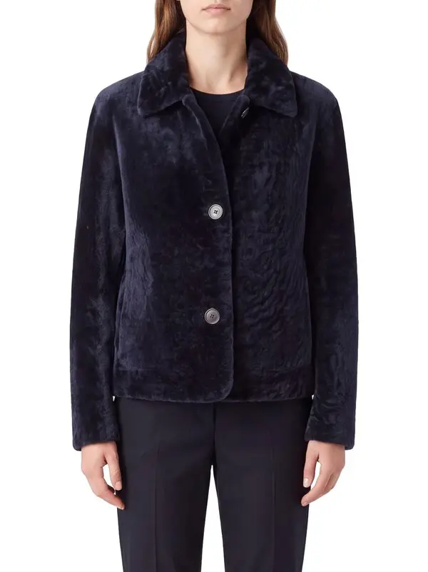 ARMA Cropped Shearling Shirt Jacket With Classic Collar And Button Closure - Blue