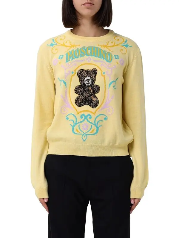 Moschino Teddy Bear Jacquard Logo Crewneck Sweater In 100% Merino Wool - Yellow