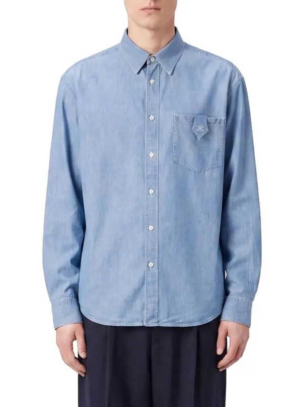 Celine Cotton Shirt With Embroidered Triomphe Logo On The Pocket - Blue