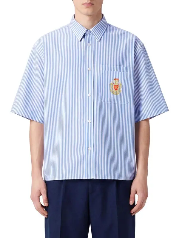 Celine Striped Cotton Short-sleeve Shirt With Embroidered Logo - Blue