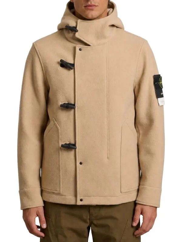 Stone Island Wool Duffle Coat With Hood And Compass Logo - Biscuit