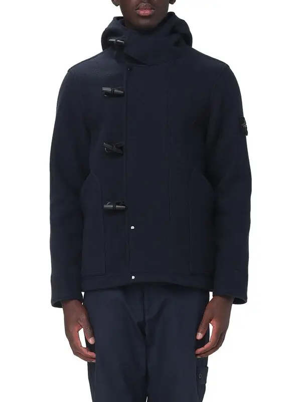 Stone Island Wool Duffle Coat With Hood And Compass Logo - Blue