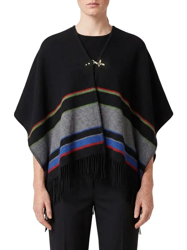 FAY Multi Striped Wool Cape With Toggle Closure - Charcoal