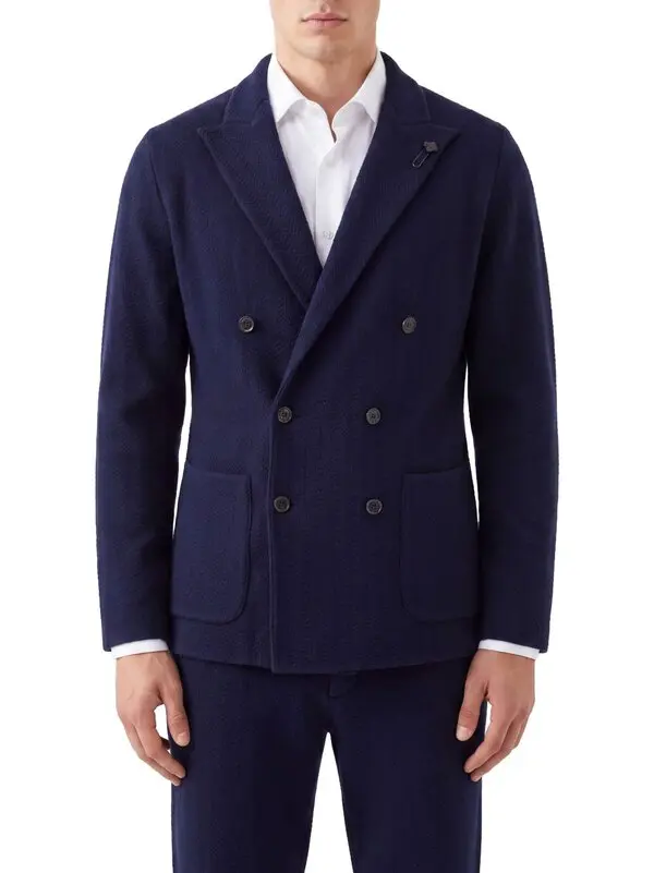 LARDINI Double-breasted Slim Fit Wool Blazer With Classic Lapels - Blue