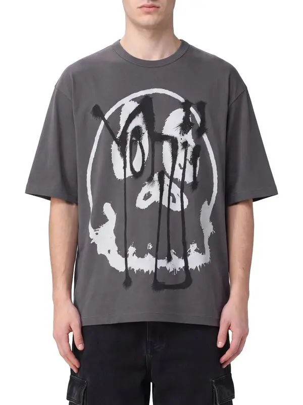 Y3 Cotton T-shirt With Graffiti Logo Print And Dropped Shoulders - Grey