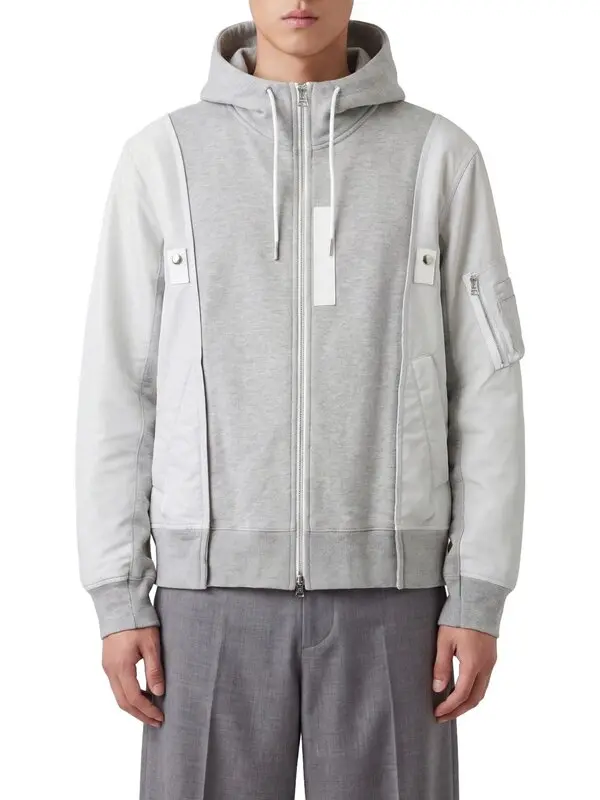 Sacai Zipped Cotton Hoodie With Slit Pockets - Grey