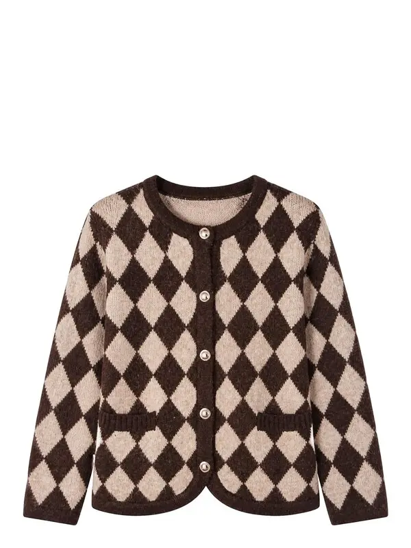 YUMI Argyll Knit Cardigan - Brown