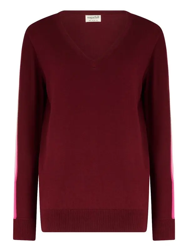 SUGARHILL BRIGHTON Doris V-neck Sweater Burgundy Stripe - Red