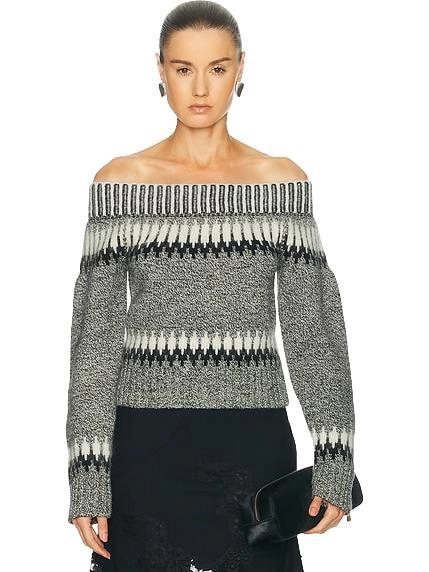 Monse Fair Isle Off Shoulder Sweater - Grey Multi
