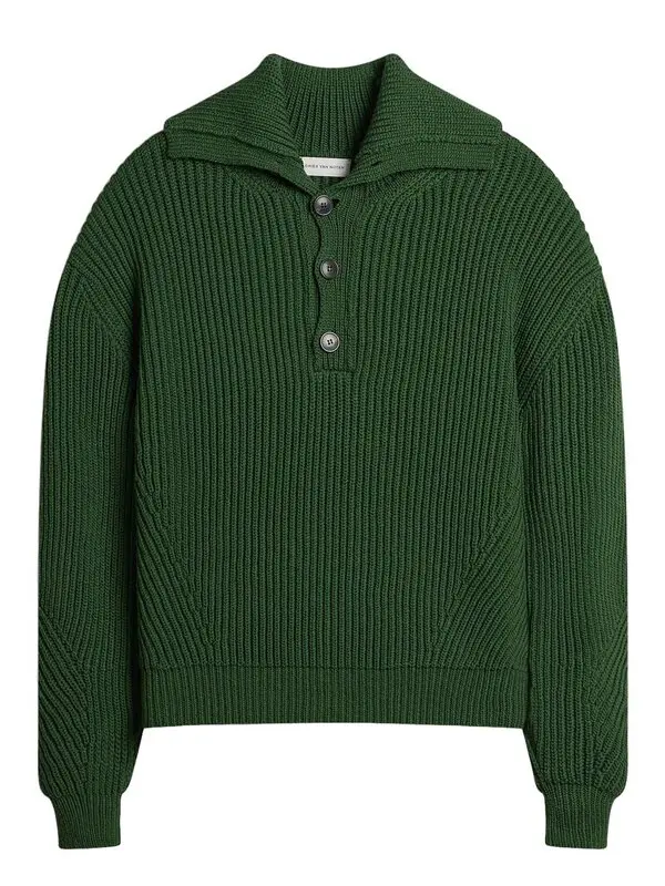 Dries Van Noten Mallawi Ribbed Polo Jumper - Green