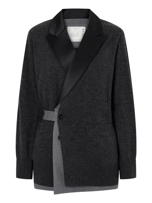 Sacai Layered Satin-trimmed Wool Cardigan - Gray