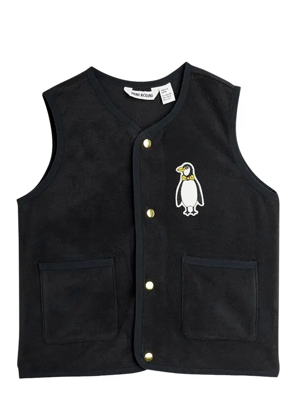 MINI RODINI Microfleece Vest With Penguin Patch - Black