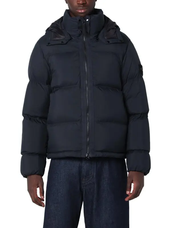 Stone Island Navy Zip-up Down Jacket In Ripstop Nylon - Blue