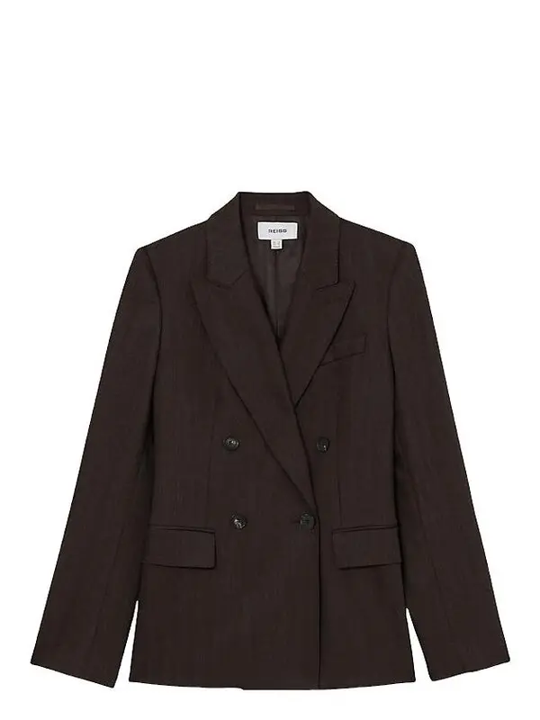 REISS Dawson Herringbone Double-breasted Stretch Wool-blend Blazer - Chocolate Brown