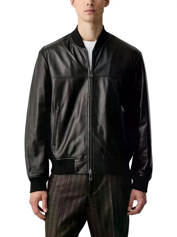Armani Exchange Logo-embossed Leather Bomber Jacket - Black