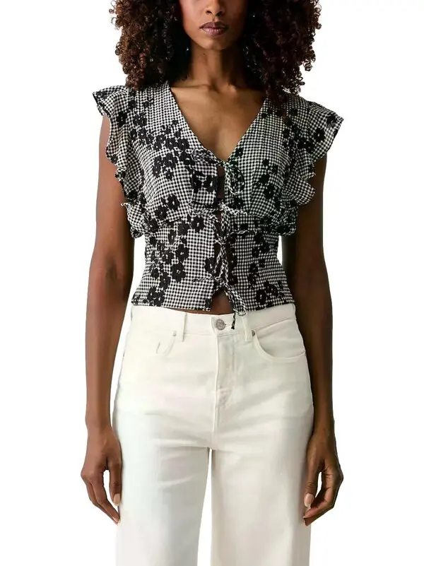 MORGAN Gingham Floral-print Blouse - Black