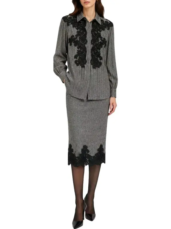 CLIPS Lace-appliqué Herringbone-pattern Shirt - Grey