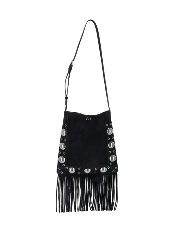 Valentino Garavani Medium Nellcôte Fringed Studded Leather Shoulder Bag - Black