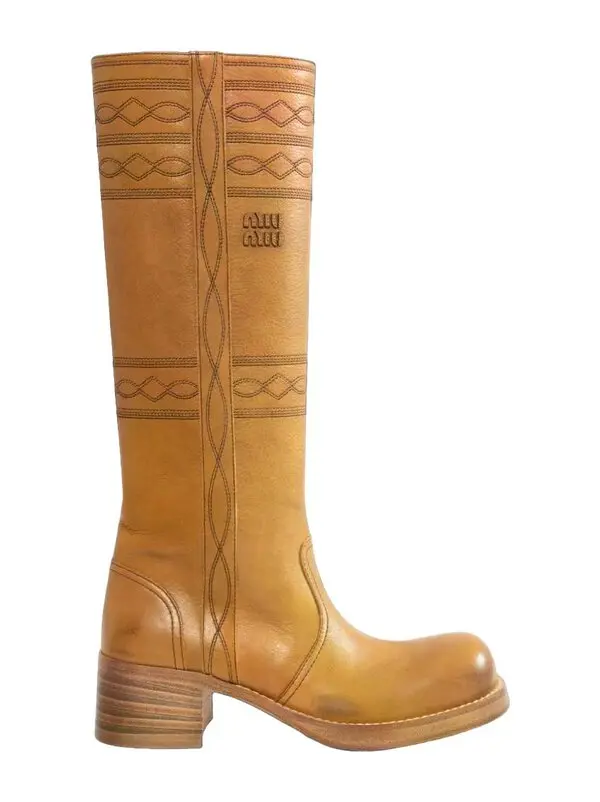 Miu Miu Embroidered Leather Boots - Brown