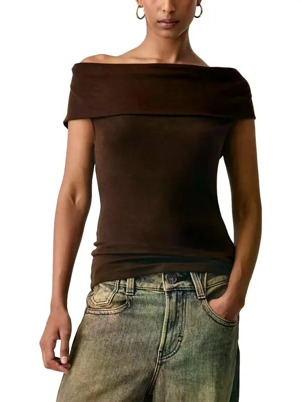 Miss Sixty Off-shoulder Hooded Top - Brown