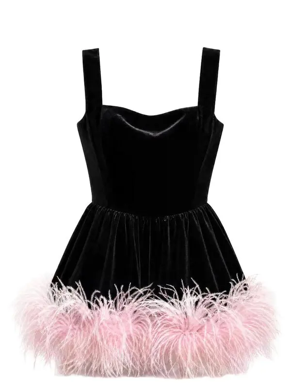 BRONX AND BRONCO Avery Feather-trim Velvet Mini Dress - Black