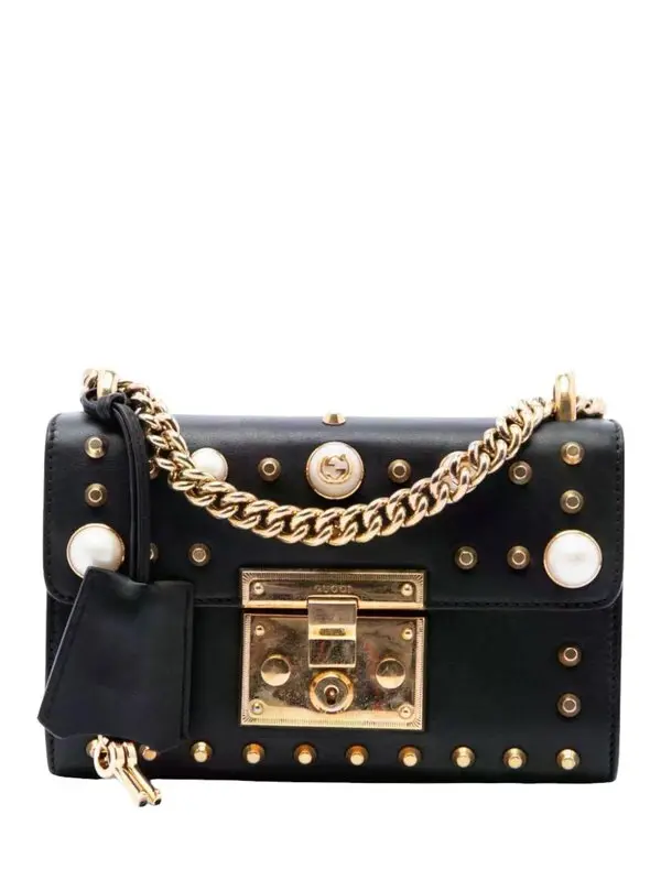 Gucci 2016-2026 Small Pearl Studded Leather Padlock Crossbody Bag - Black