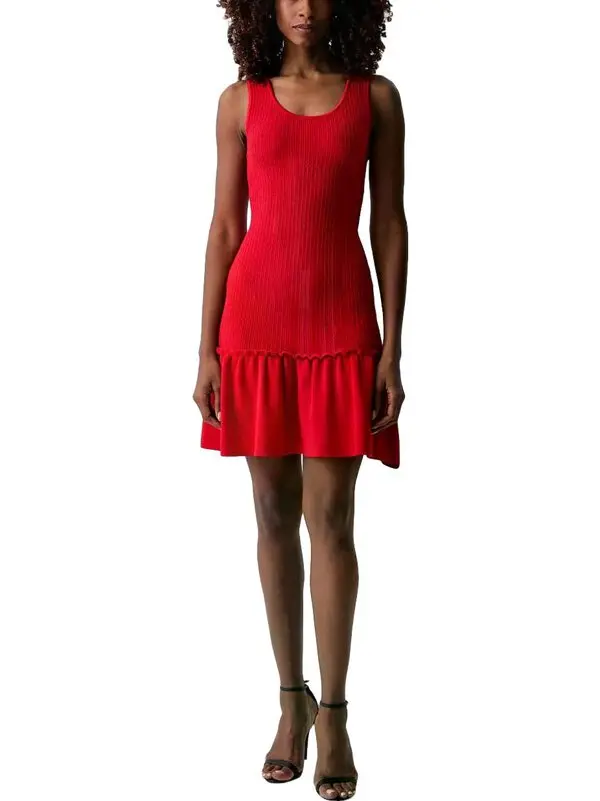 MORGAN Ribbed-knit Ruffled Mini Dress - Red