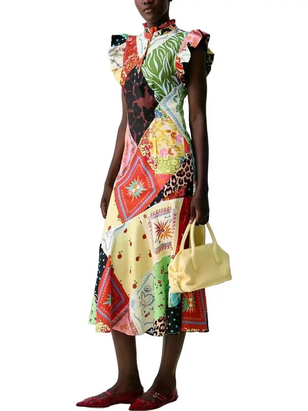 NEVER FULLY DRESSED Patchwork Ruffled Midi Dress - Yellow