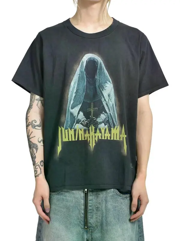 JUN/NAKAYAMA Nun Graphic-print Washed-effect T-shirt - Black