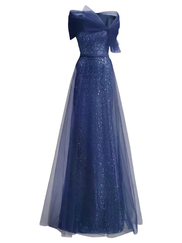 GEMY MAALOUF Bow-detail Sequin-embellished Maxi Dress - Blue