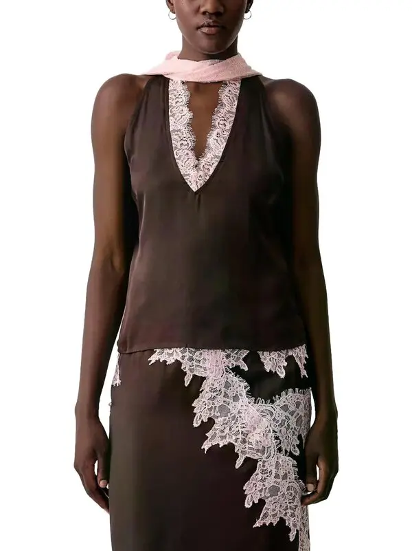 NEVER FULLY DRESSED Lace-trim Scarf-detail Top - Brown