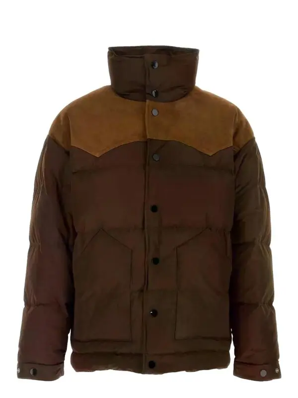 AMI Paris Nylon And Cotton Down Jacket With Leather Panels - Brown