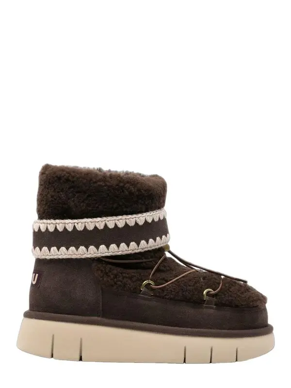 Mou Suede Shearling Ankle Boots With Embroidery And Adjustable Drawstring - Brown