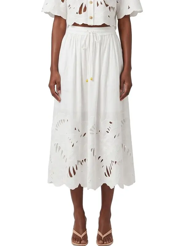 Zimmermann Mahon A-line Cotton Midi Skirt With A High Elasticated Waist - Ivory