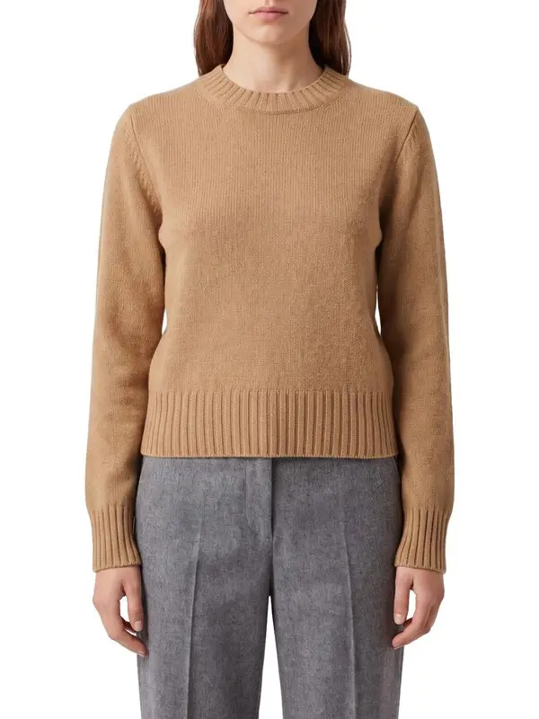 AMI Paris Wool And Cashmere Crew Neck Sweater With Ribbed Trims - Camel