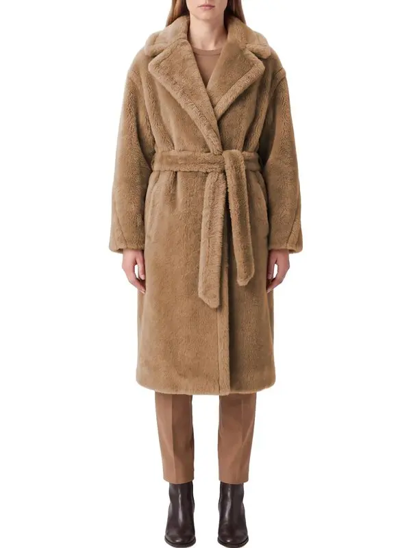 Max Mara Faux Fur Robe Coat With Belt - Mud