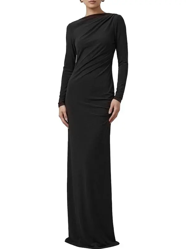 Andamane Asymmetric Neckline Long Jersey Gown With Slim Fit - Black