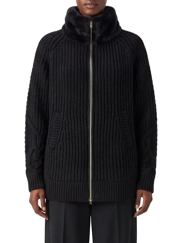 Herno Merino Wool Cardigan With Faux Fur Collar - Black