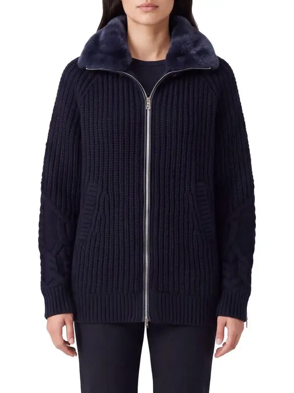 Herno Merino Wool Cardigan With Faux Fur Collar - Navy